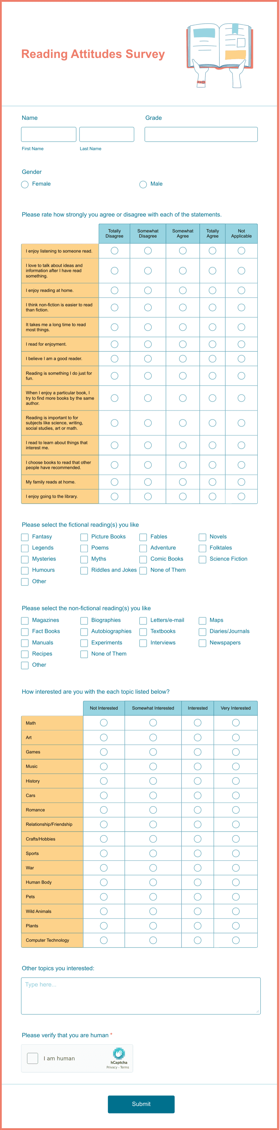 Reading Attitudes Survey Form Template | Jotform