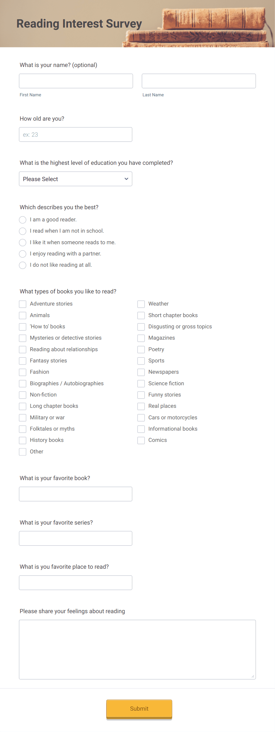 Reading Interest Survey Form Template | Jotform