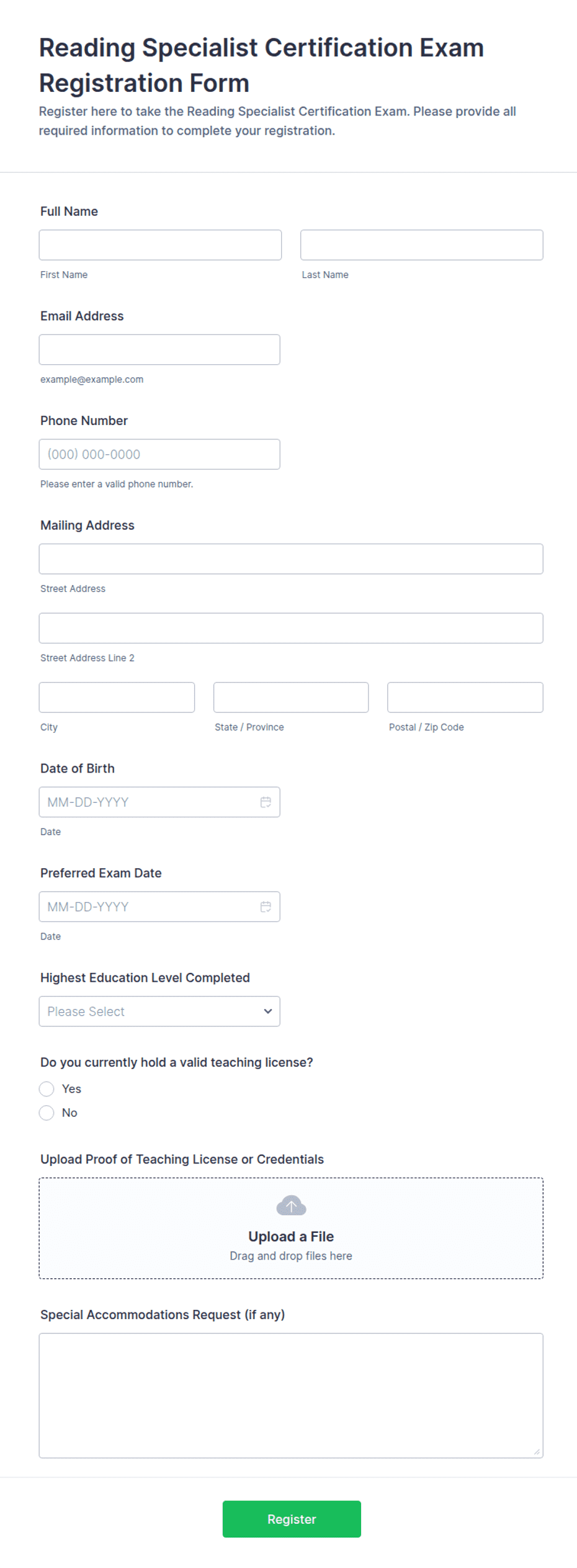 Reading Specialist Certification Exam Registration Form Template | Jotform