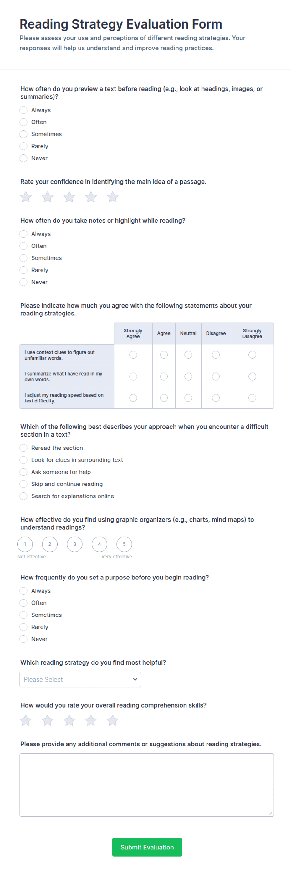 Reading Strategy Evaluation Form Template | Jotform