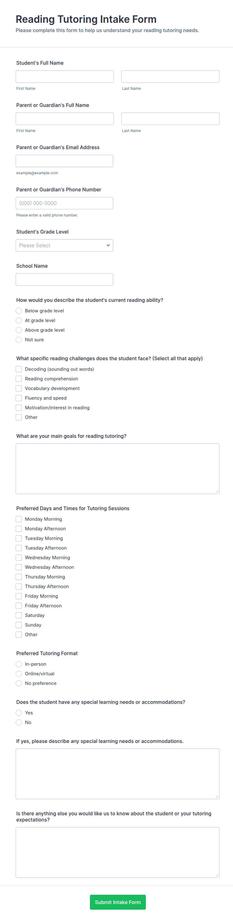 Reading Tutoring Intake Form Template | Jotform