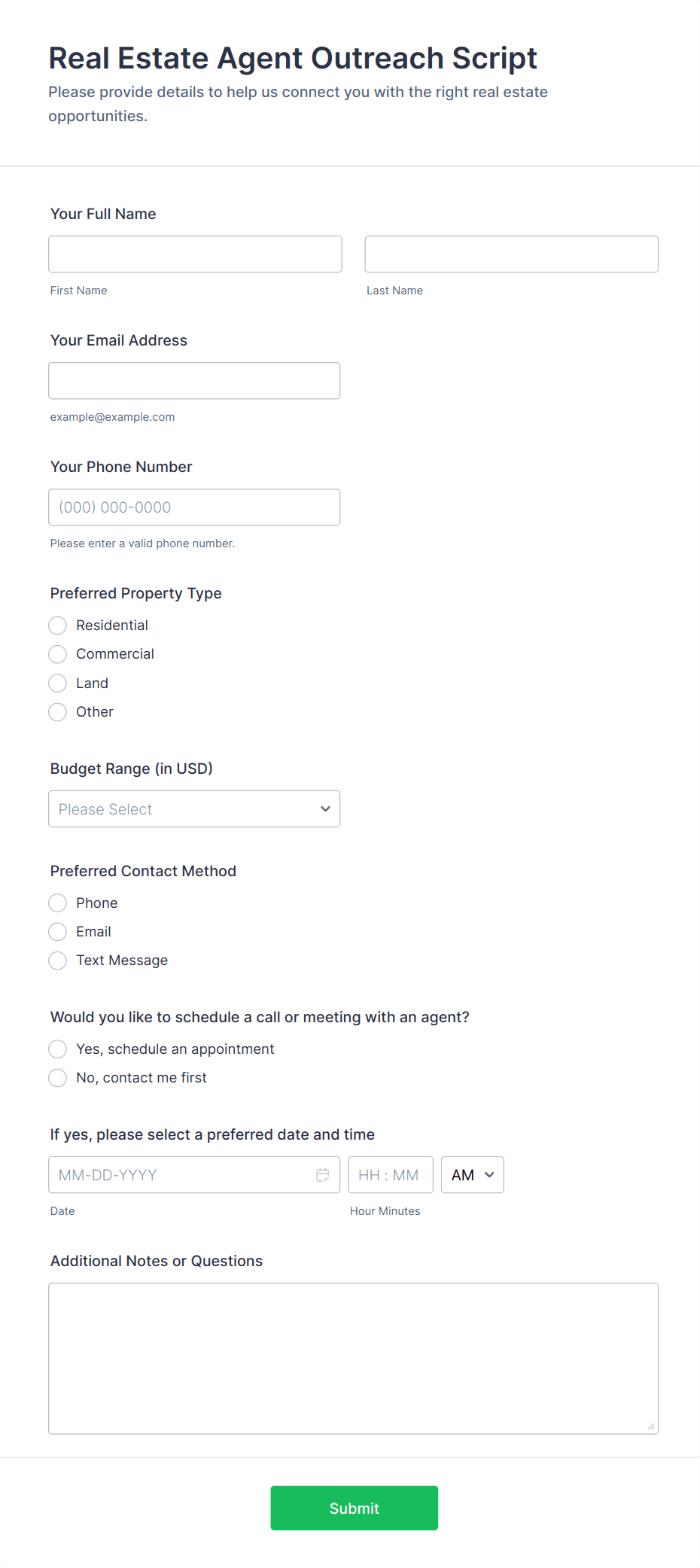 Real Estate Agent Outreach Script Form Template | Jotform