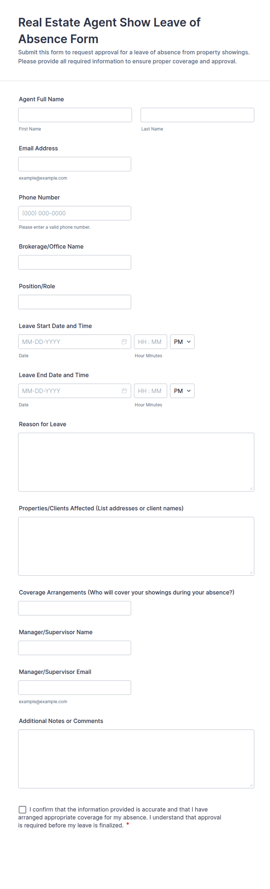 Real Estate Agent Show Leave of Absence Form Template | Jotform