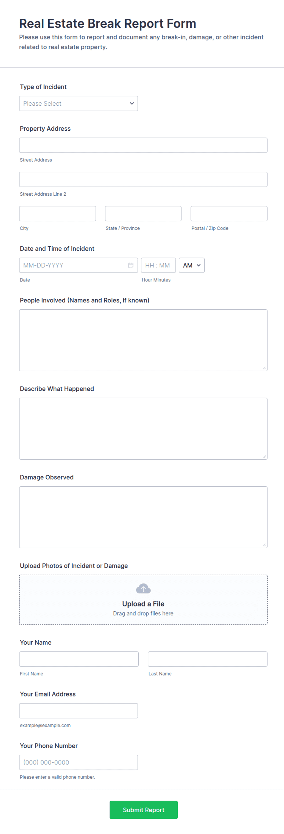 Real Estate Break Report Form Template | Jotform