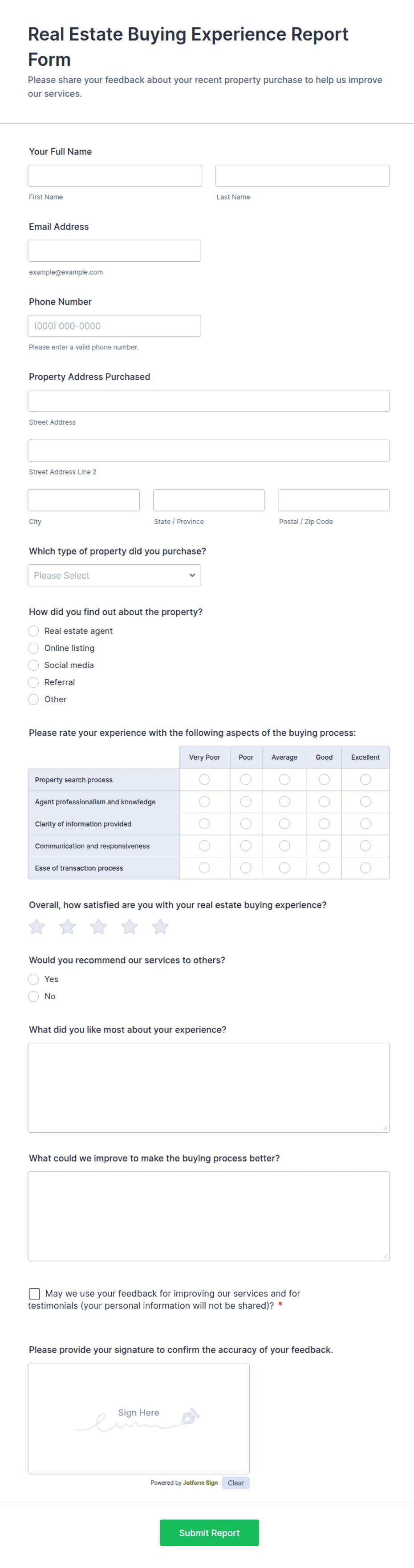Real Estate Buying Experience Report Form Template | Jotform