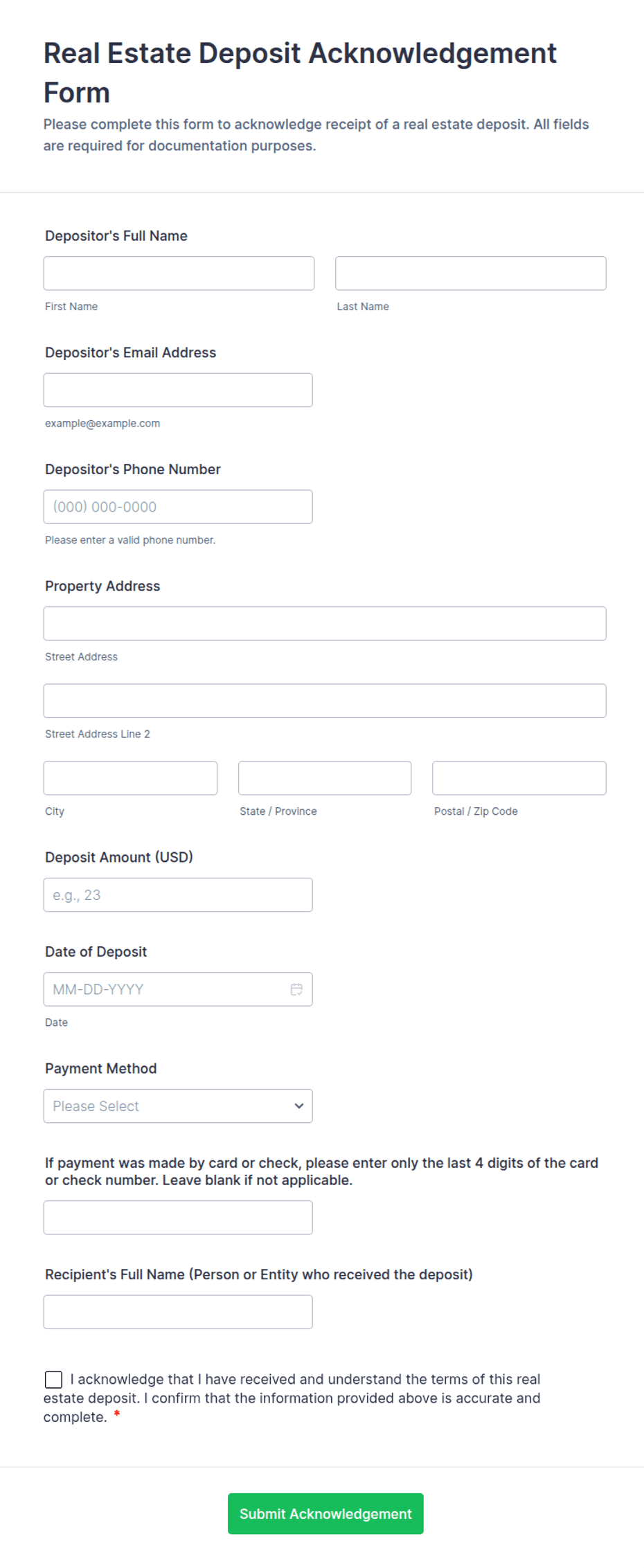 Real Estate Deposit Acknowledgement Form Template | Jotform