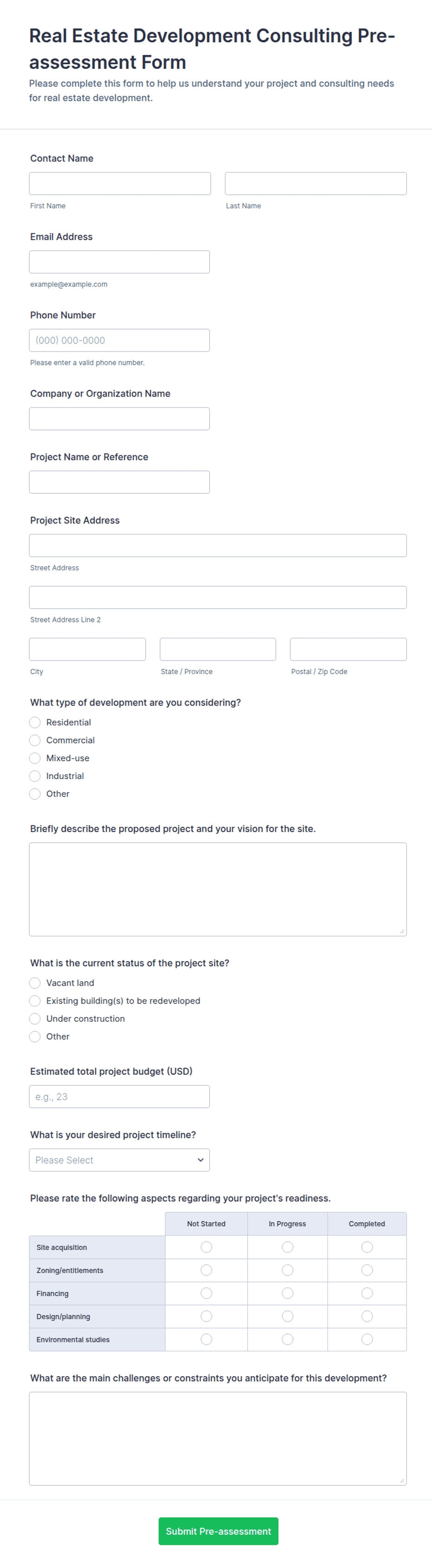 Real Estate Development Consulting Pre-assessment Form Template | Jotform