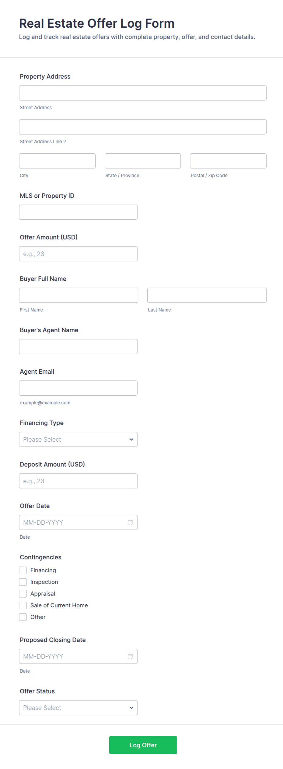 Real Estate Offer Log Form Template | Jotform