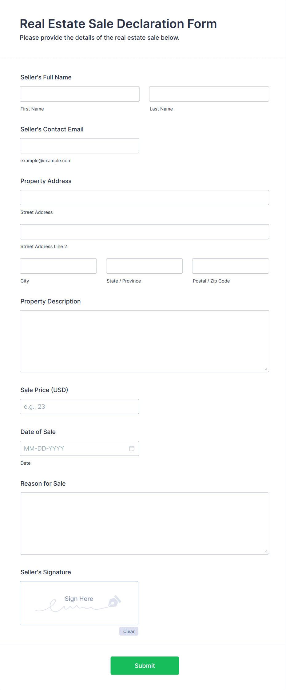 Real Estate Sale Declaration Form Template | Jotform