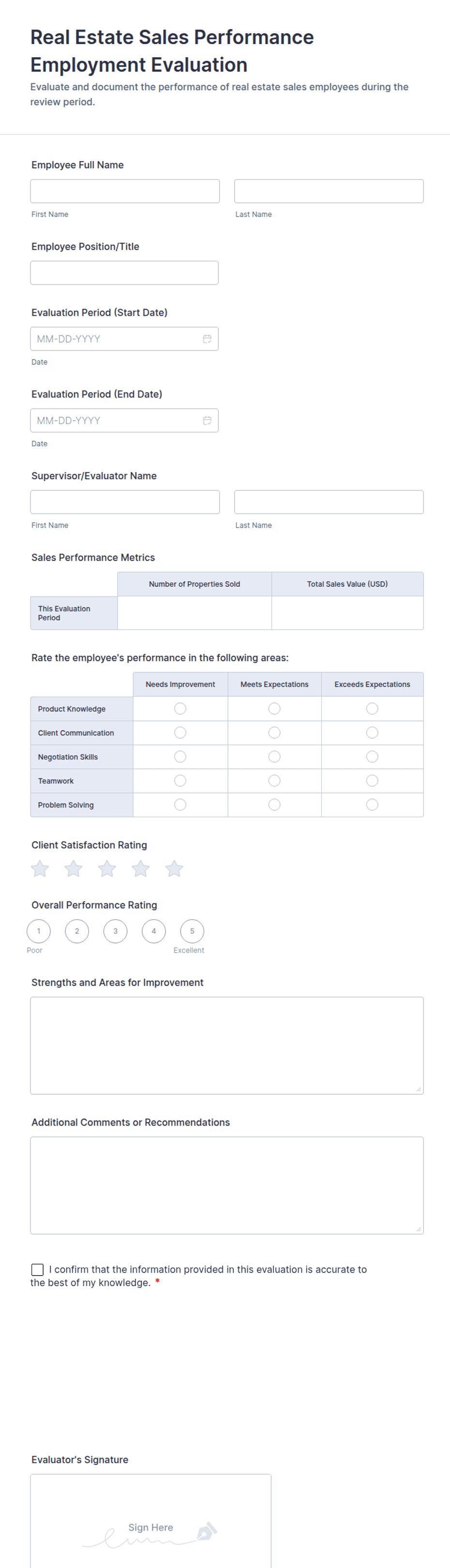 Real Estate Sales Performance Employment Evaluation Form Template | Jotform