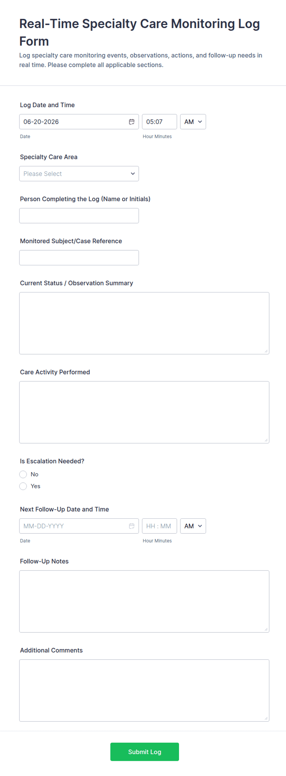 Real-Time Specialty Care Monitoring Log Form Template | Jotform