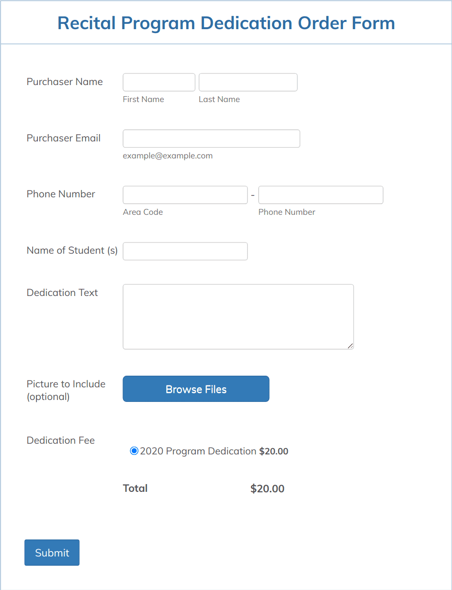 Recital Program Dedication Order Form Template | Jotform