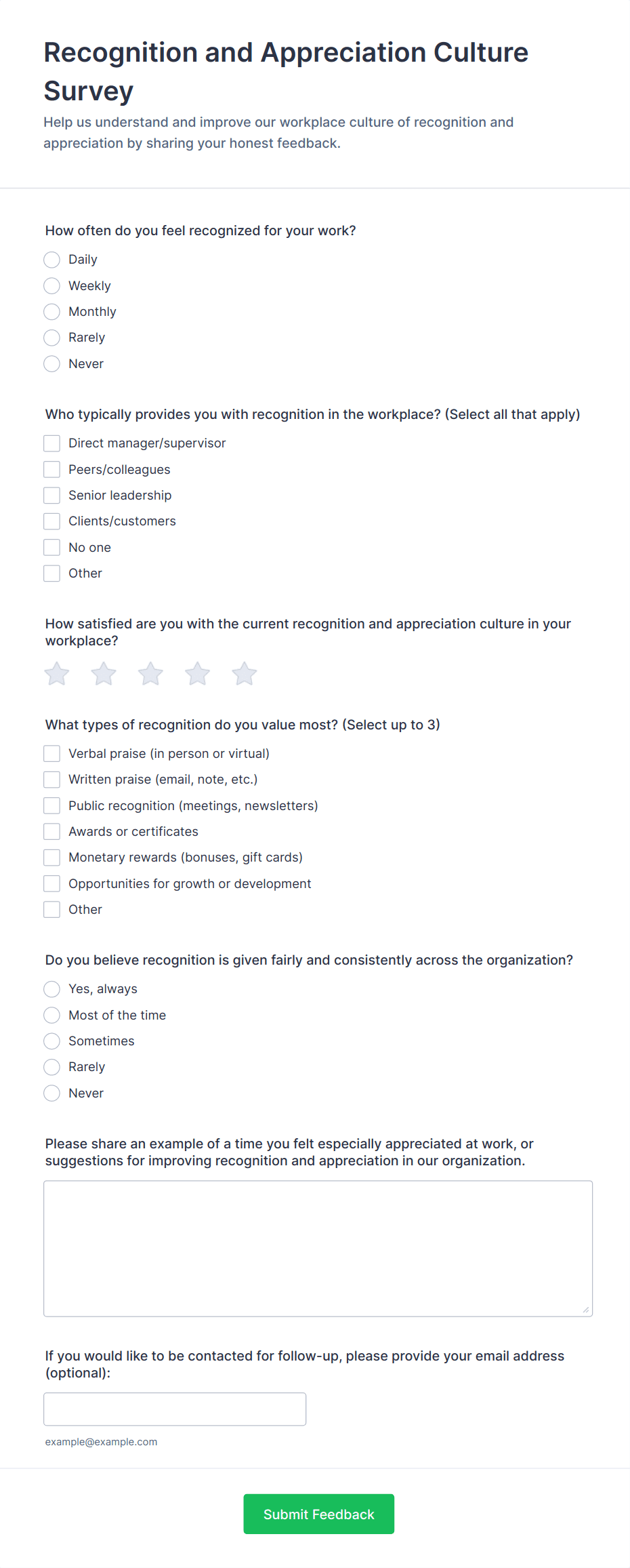 Recognition and Appreciation Culture Survey Form Template | Jotform