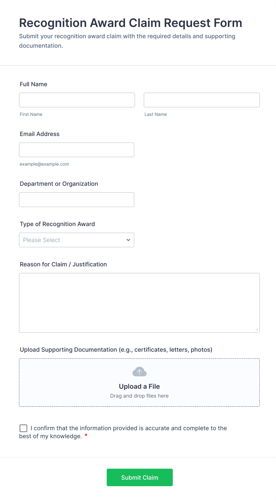 Recognition Award Claim Request Form Template | Jotform