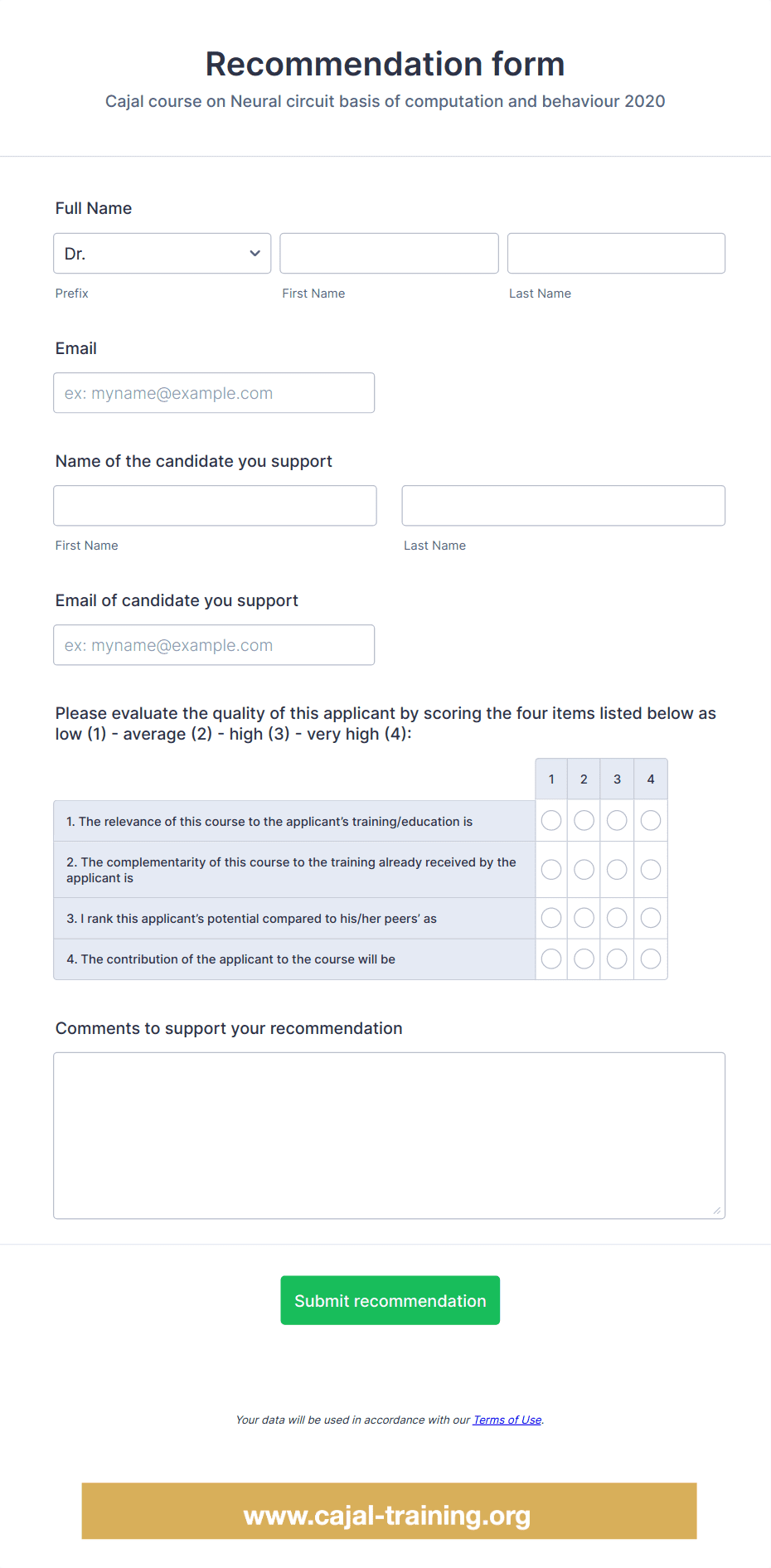 Recommendation form - Cajal advanced programme Form Template | Jotform