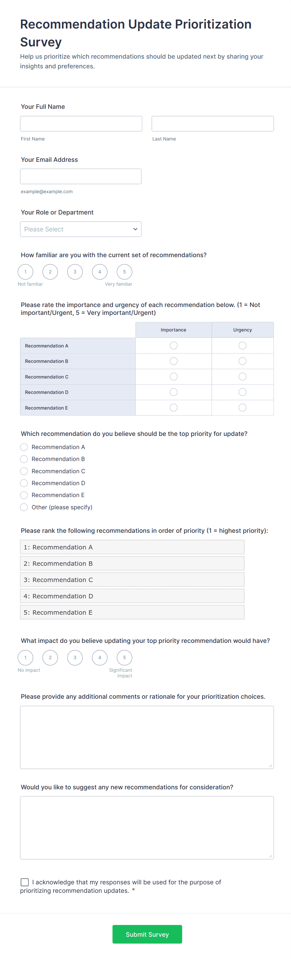Recommendation Update Prioritization Survey Form Template | Jotform