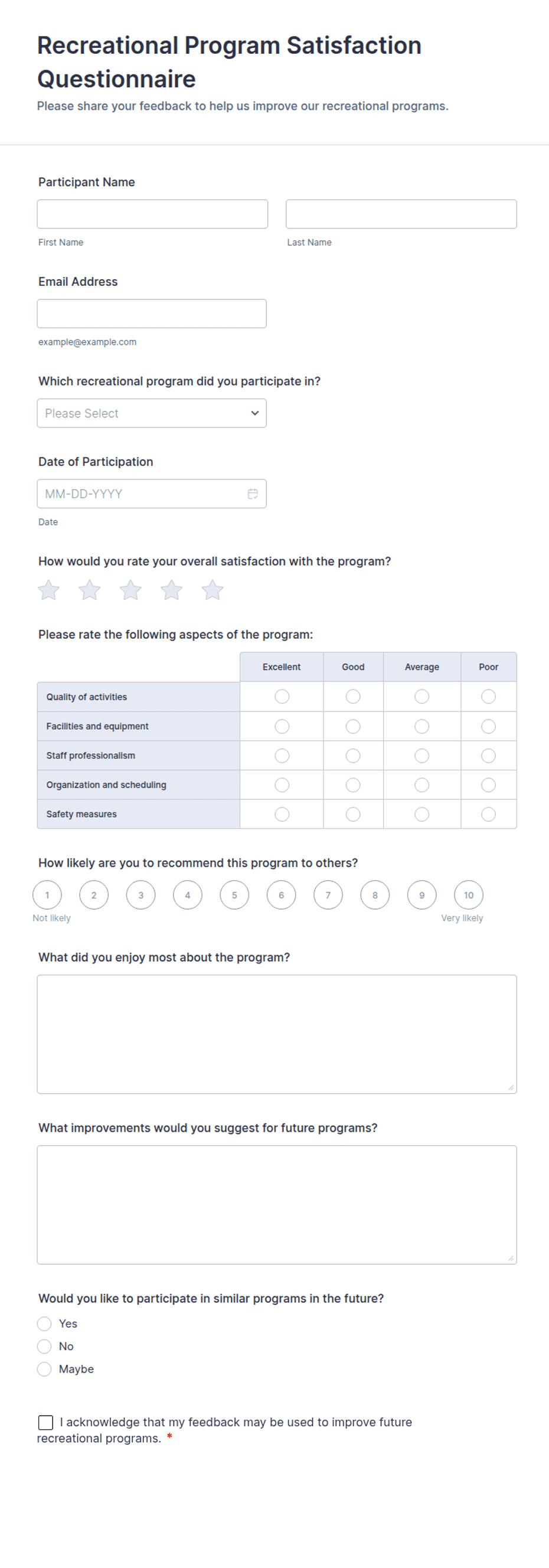 Recreational Program Satisfaction Questionnaire Form Template | Jotform