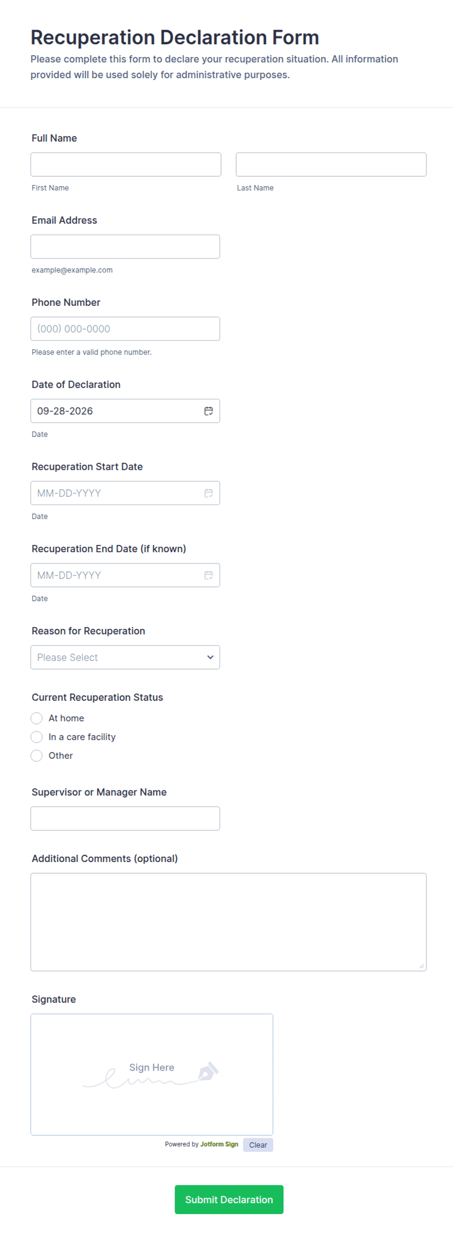 Recuperation Declaration Form Template | Jotform