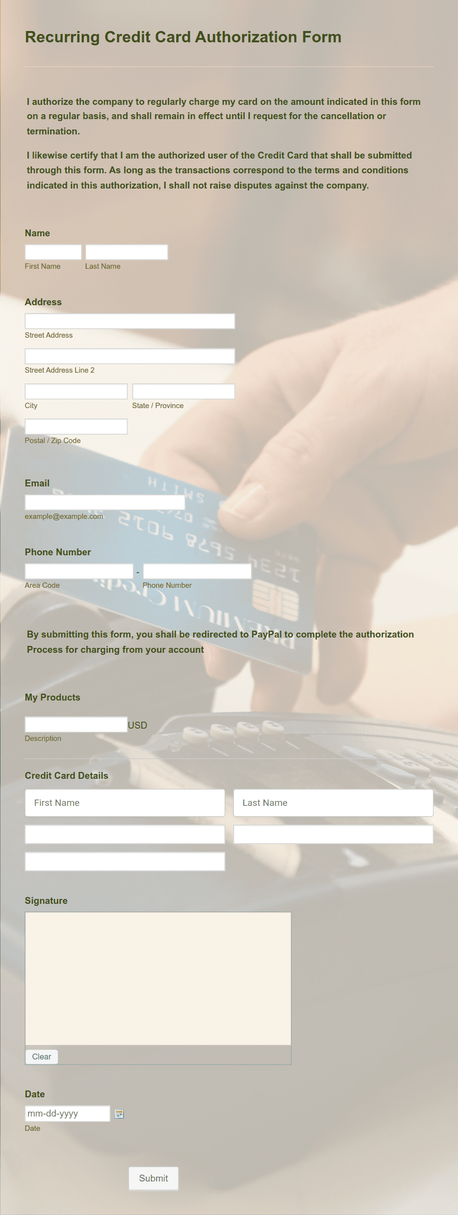 Recurring Credit Card Authorization Form Template | Jotform
