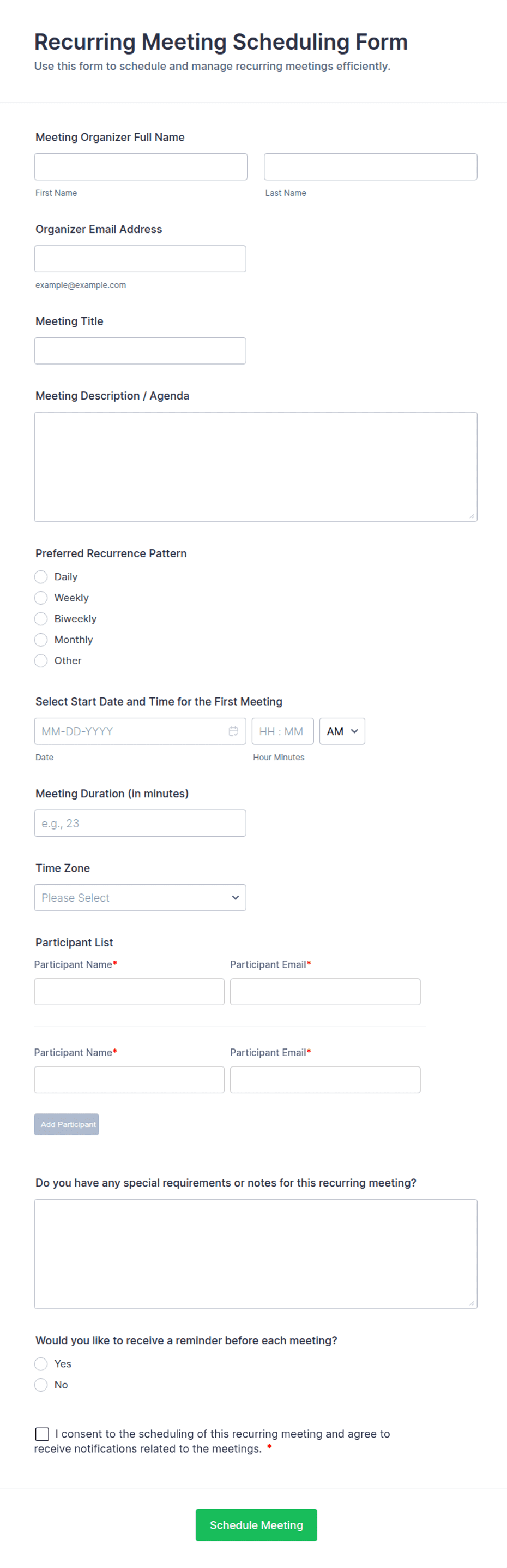 Recurring Meeting Scheduling Form Template | Jotform