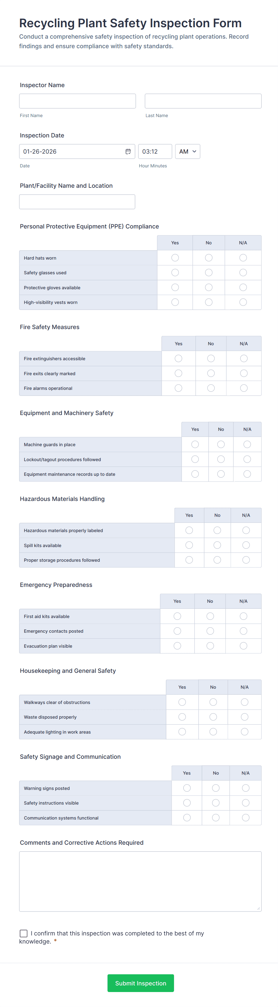 Recycling Plant Safety Inspection Form Template | Jotform
