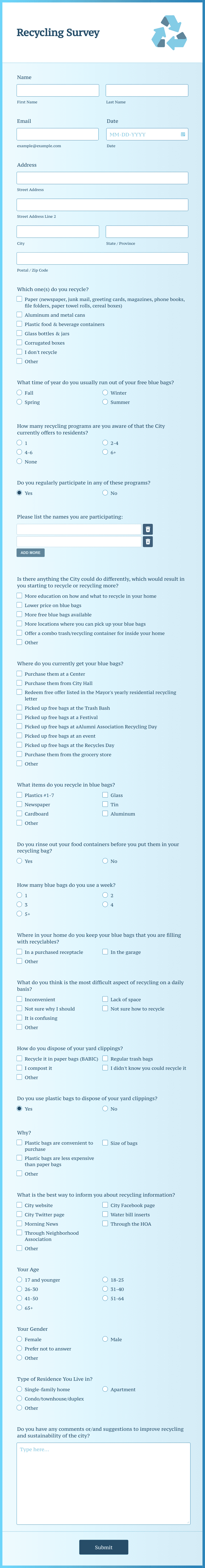 Recycling Survey Form Template | Jotform