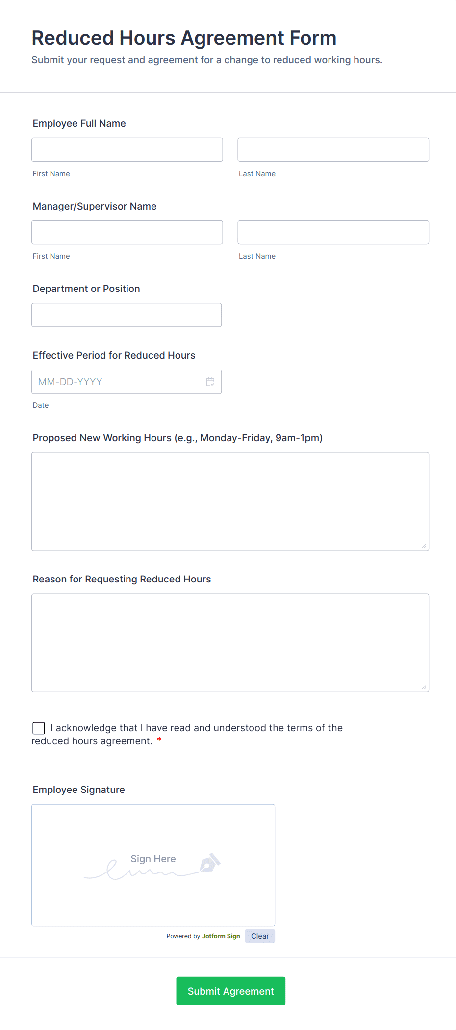 Reduced Hours Agreement Form Template | Jotform