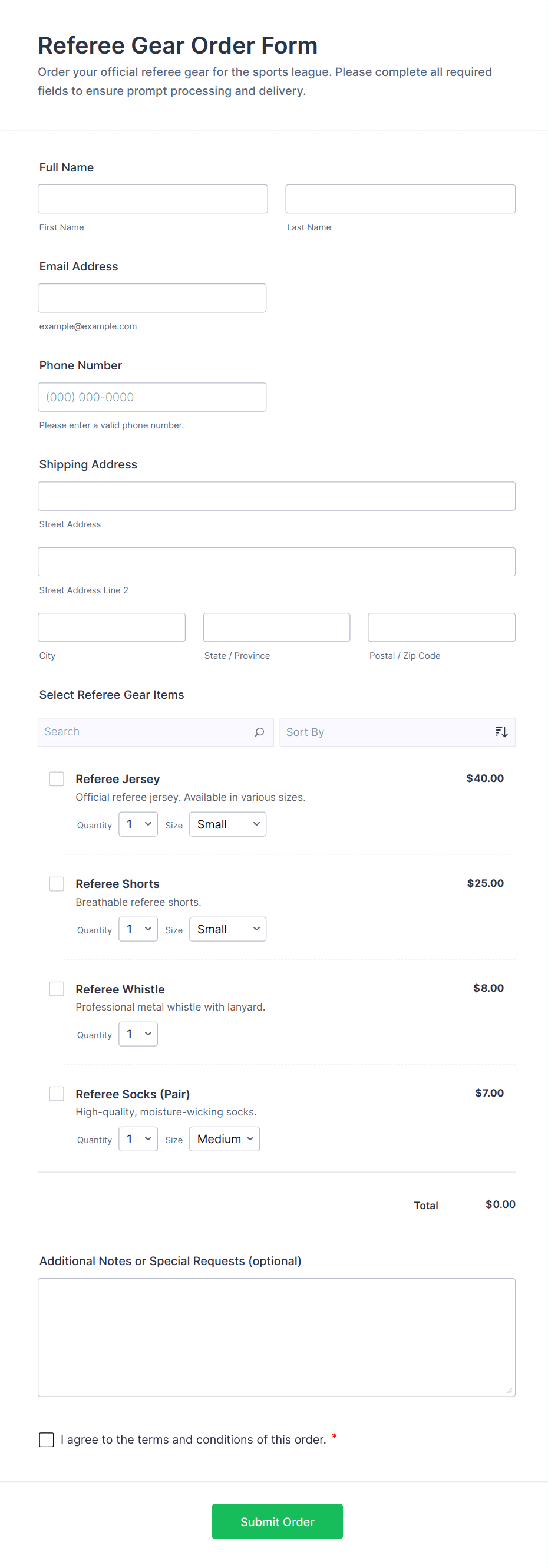 Referee Gear Order Form Template | Jotform