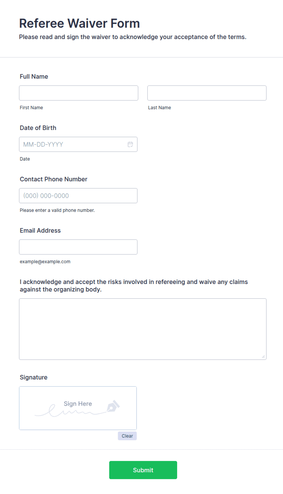 Referee Waiver Form Template | Jotform