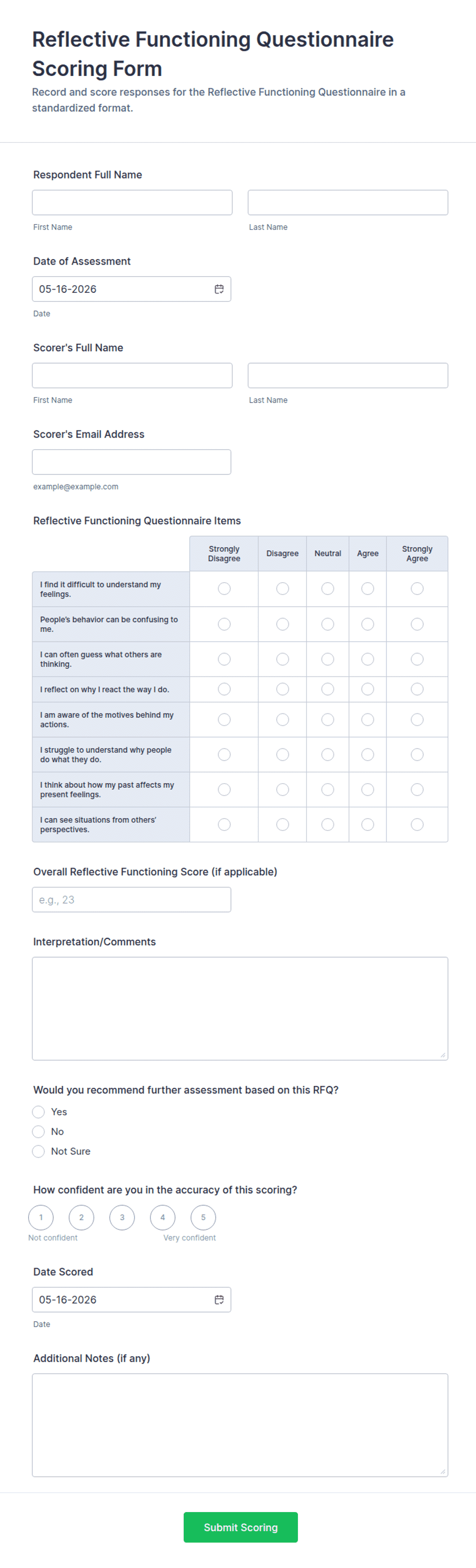 Reflective Functioning Questionnaire Scoring Form Template | Jotform