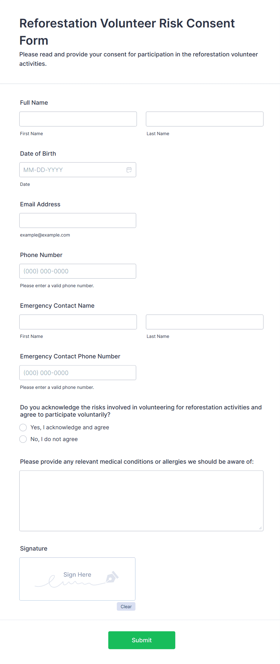 Reforestation Volunteer Risk Consent Form Template | Jotform