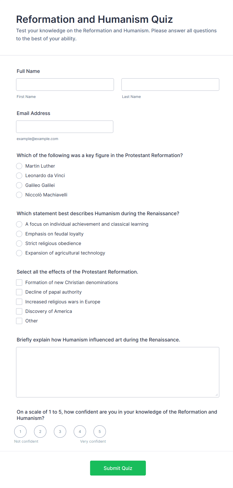Reformation and Humanism Quiz Form Template | Jotform