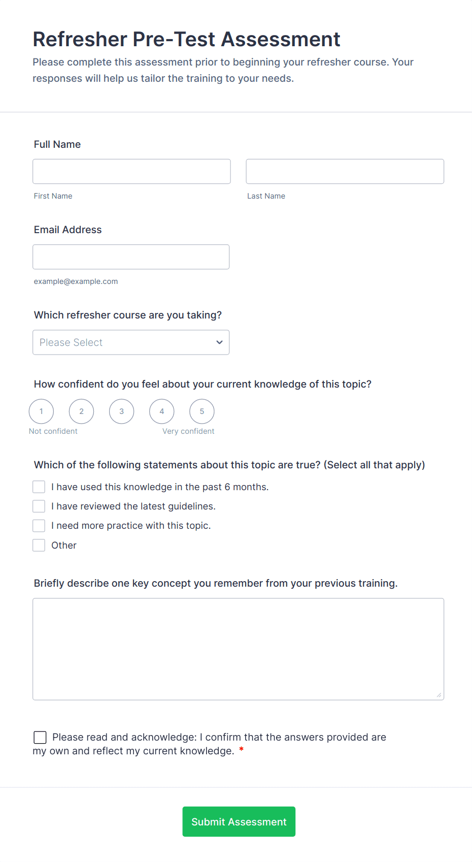 Refresher Pre-Test Assessment Form Template | Jotform