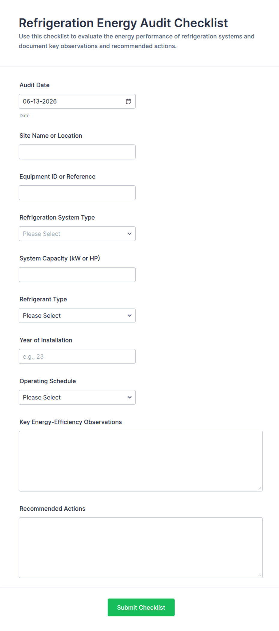 Refrigeration Energy Audit Checklist Form Template | Jotform