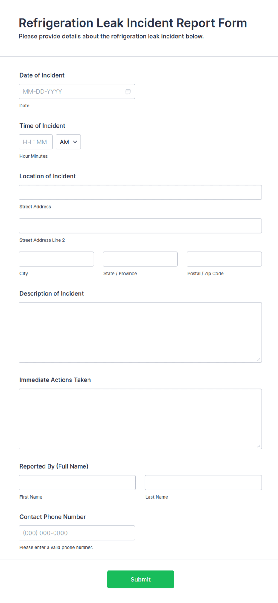 Refrigeration Leak Incident Report Form Template | Jotform