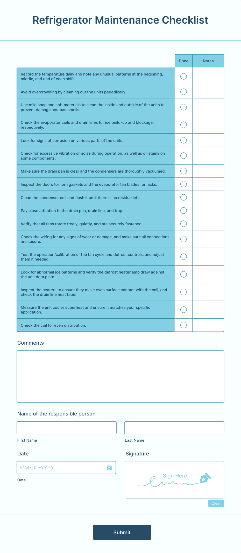 Refrigerator Maintenance Checklist Form Template | Jotform