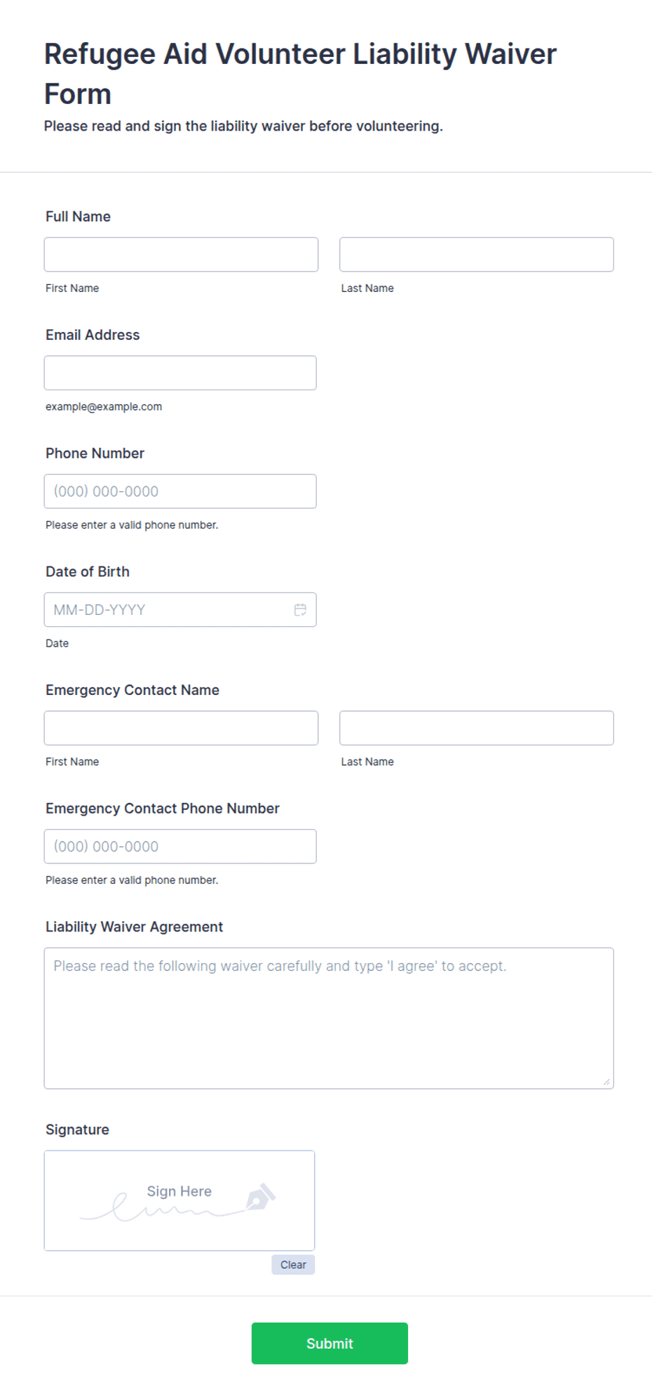 Refugee Aid Volunteer Liability Waiver Form Template | Jotform