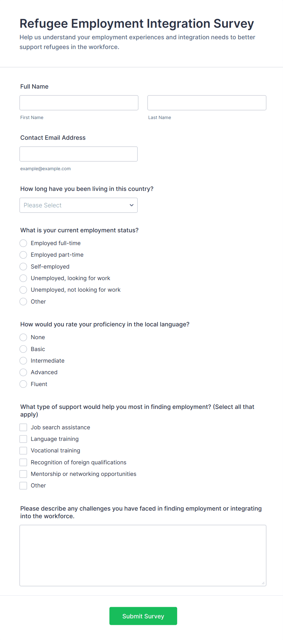 Refugee Employment Integration Survey Form Template | Jotform