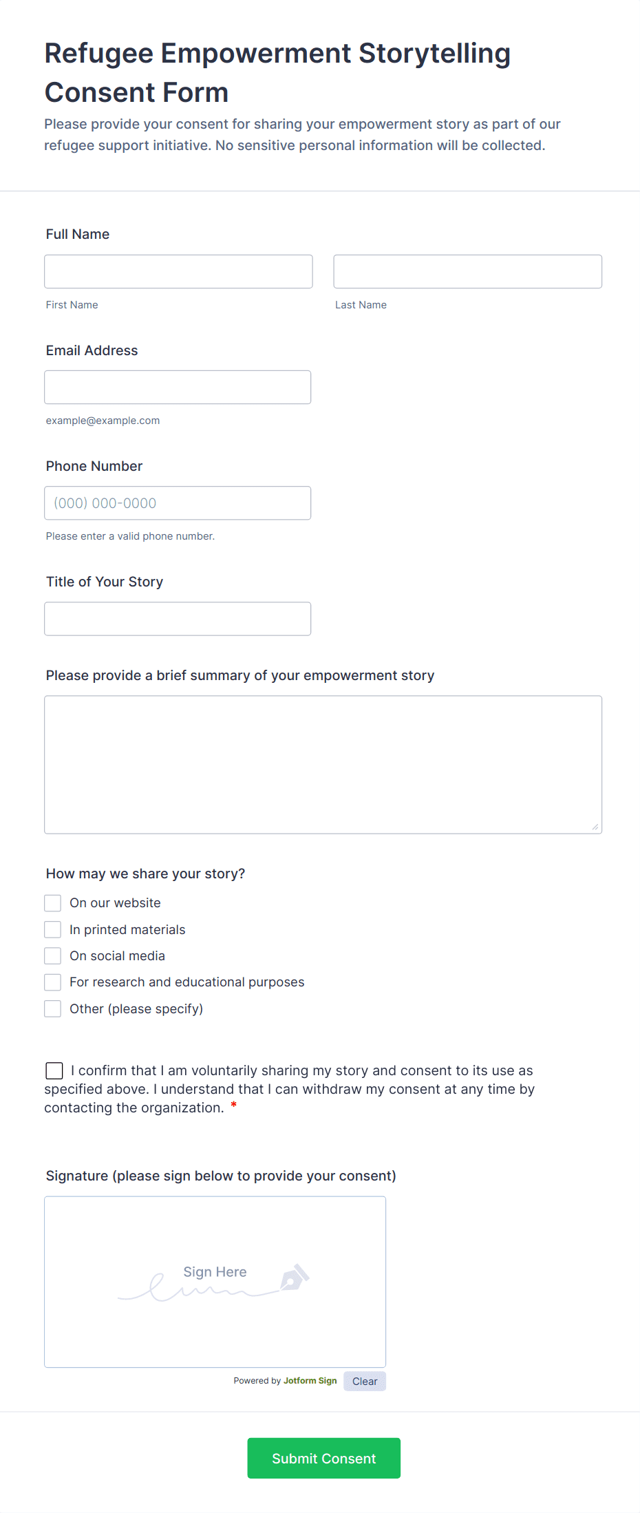 Refugee Empowerment Storytelling Consent Form Template | Jotform