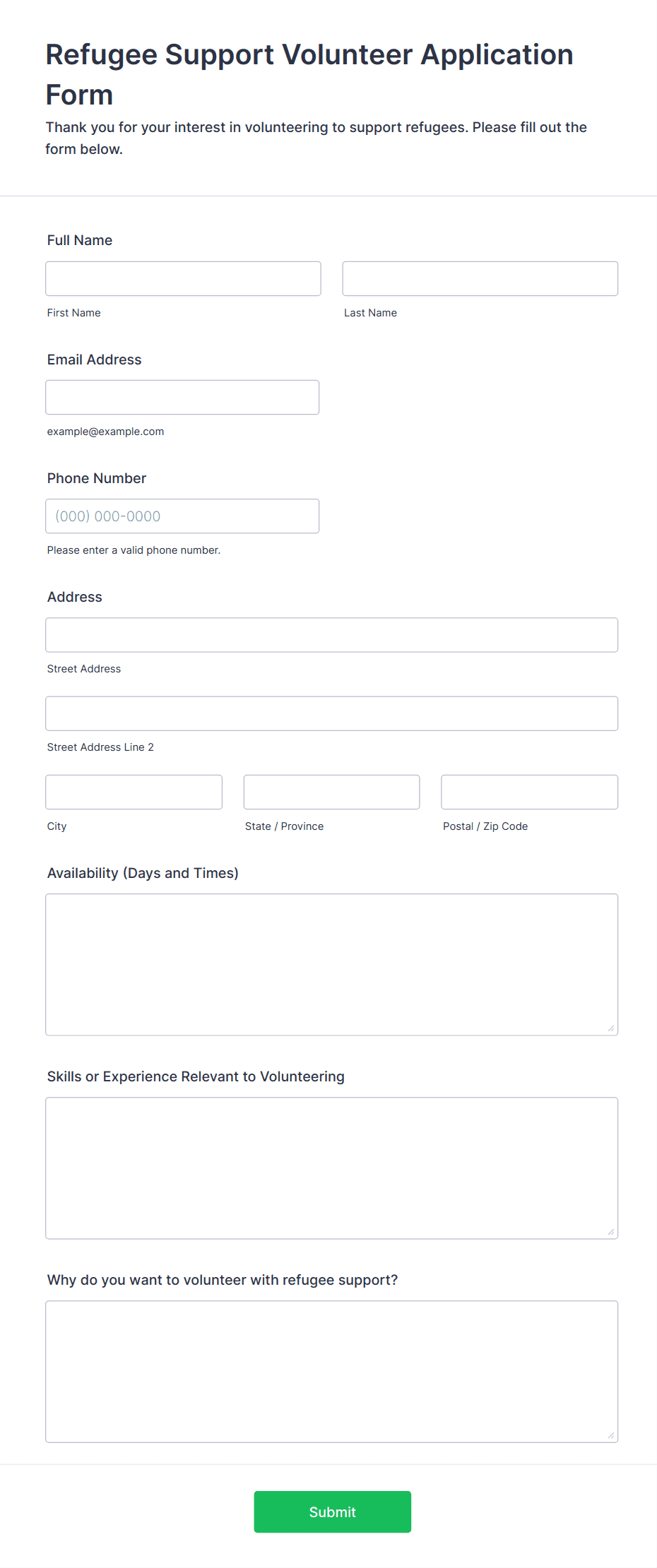 Refugee Support Volunteer Application Form Template | Jotform