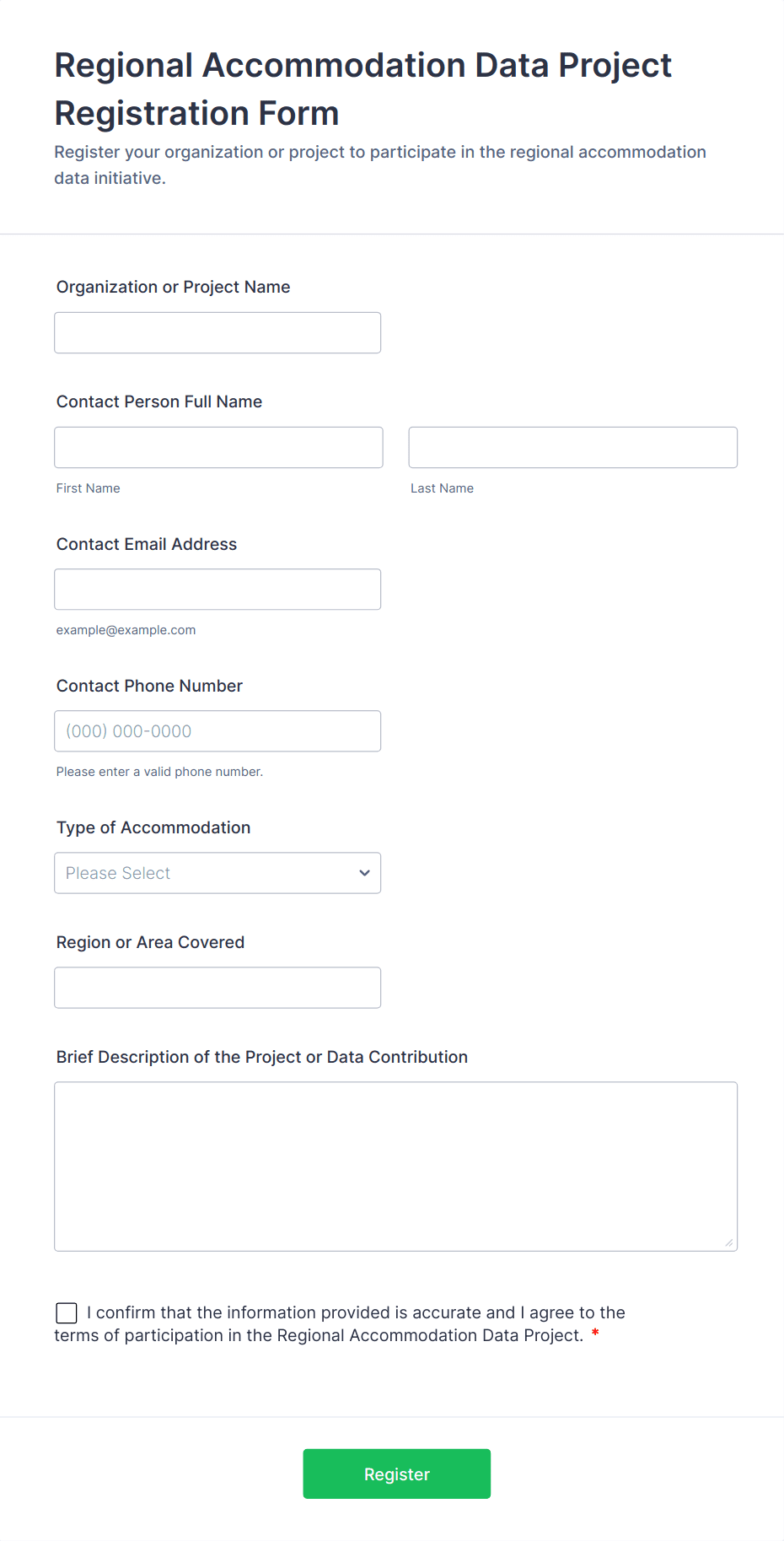 Regional Accommodation Data Project Registration Form Template | Jotform