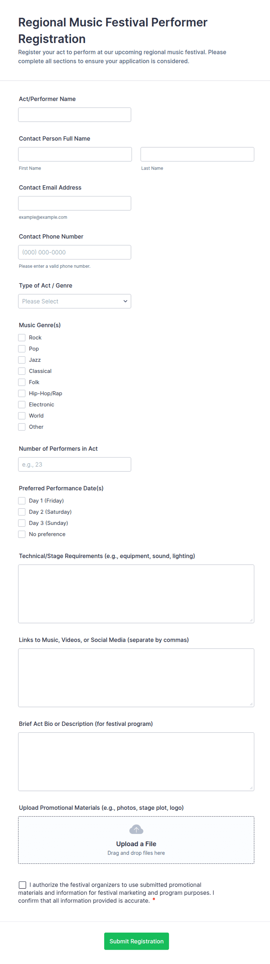 Regional Music Festival Performer Registration Form Template | Jotform
