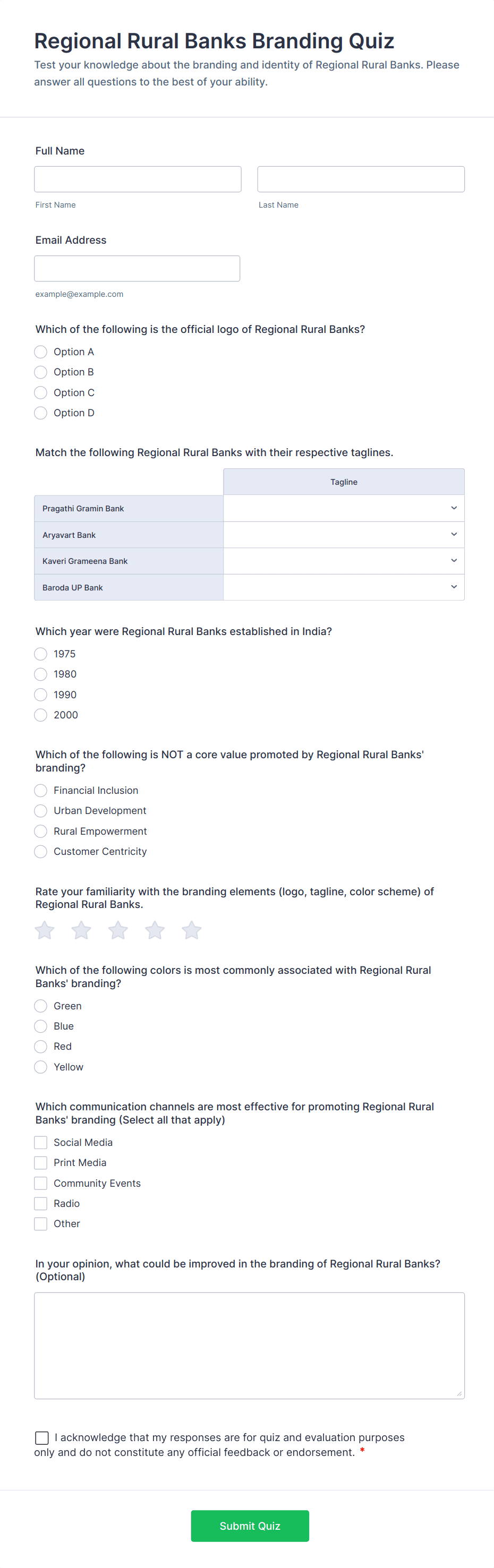 Regional Rural Banks Branding Quiz Form Template | Jotform