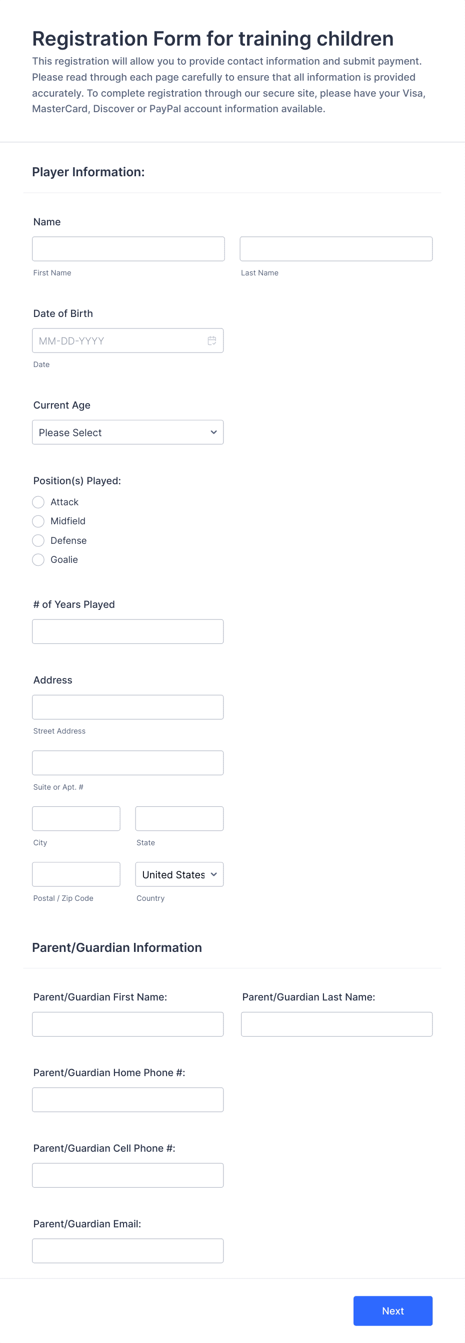 Registration Form for training children Form Template | Jotform