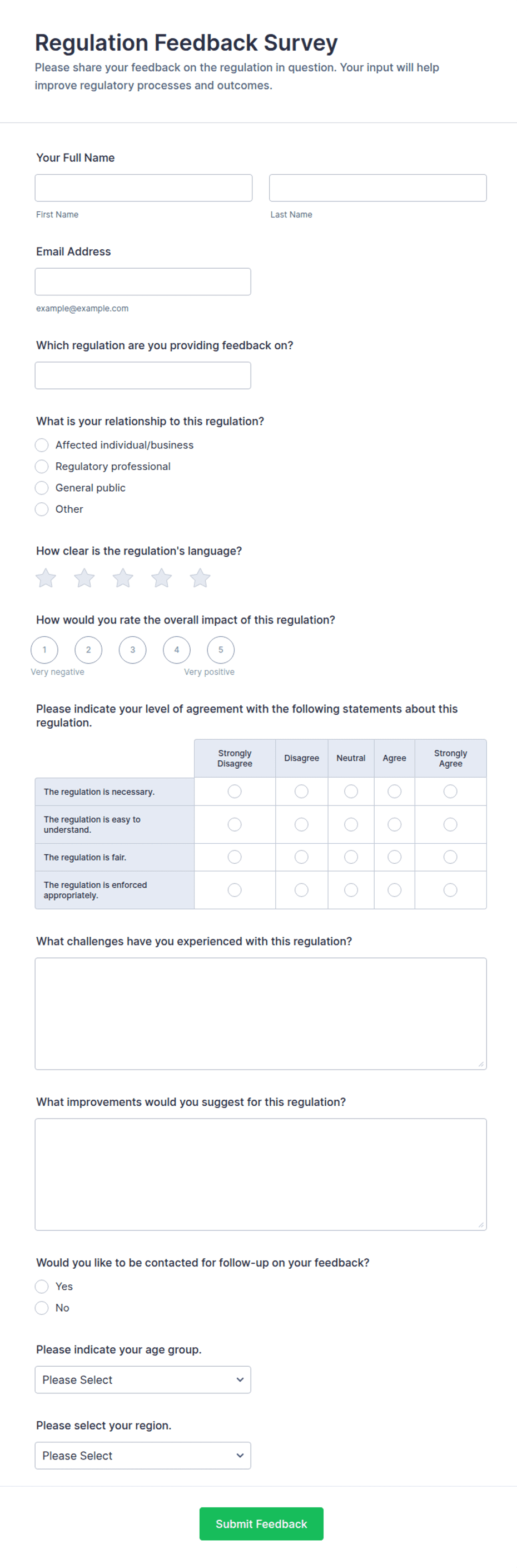 Regulation Feedback Survey Form Template | Jotform