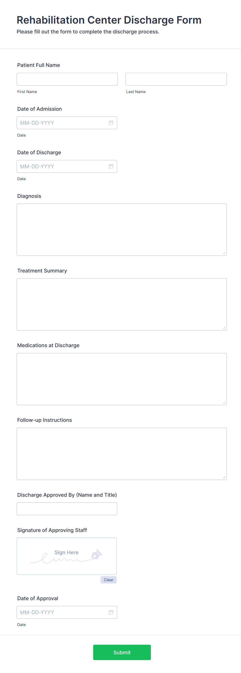 Rehabilitation Center Discharge Form | Jotform