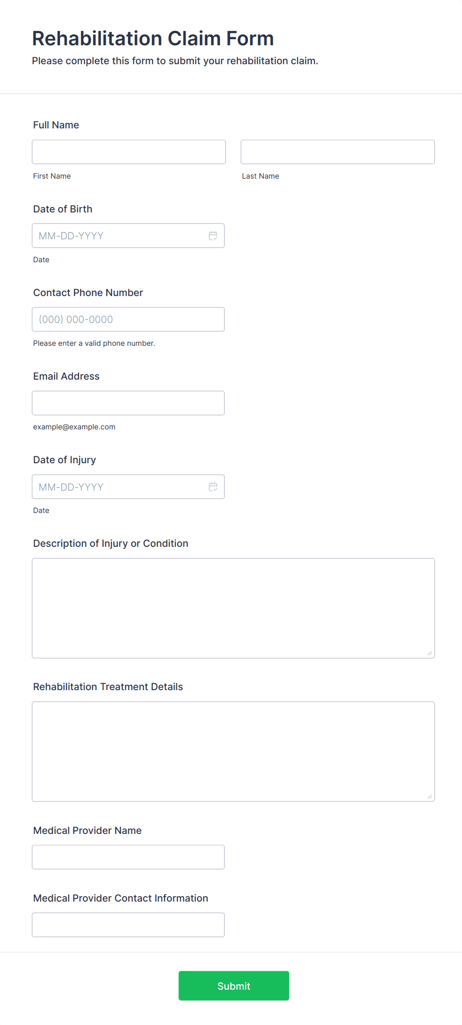 Rehabilitation Claim Form Template | Jotform