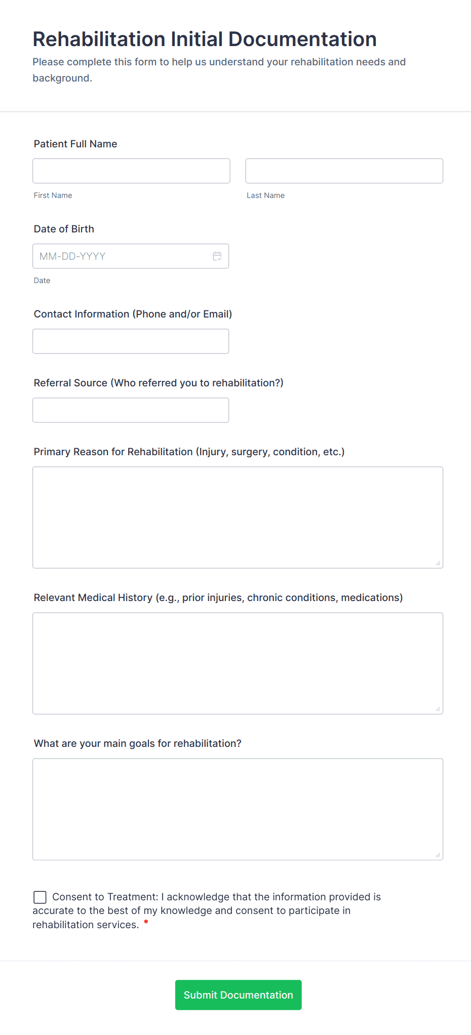 Rehabilitation Initial Documentation Form Template | Jotform