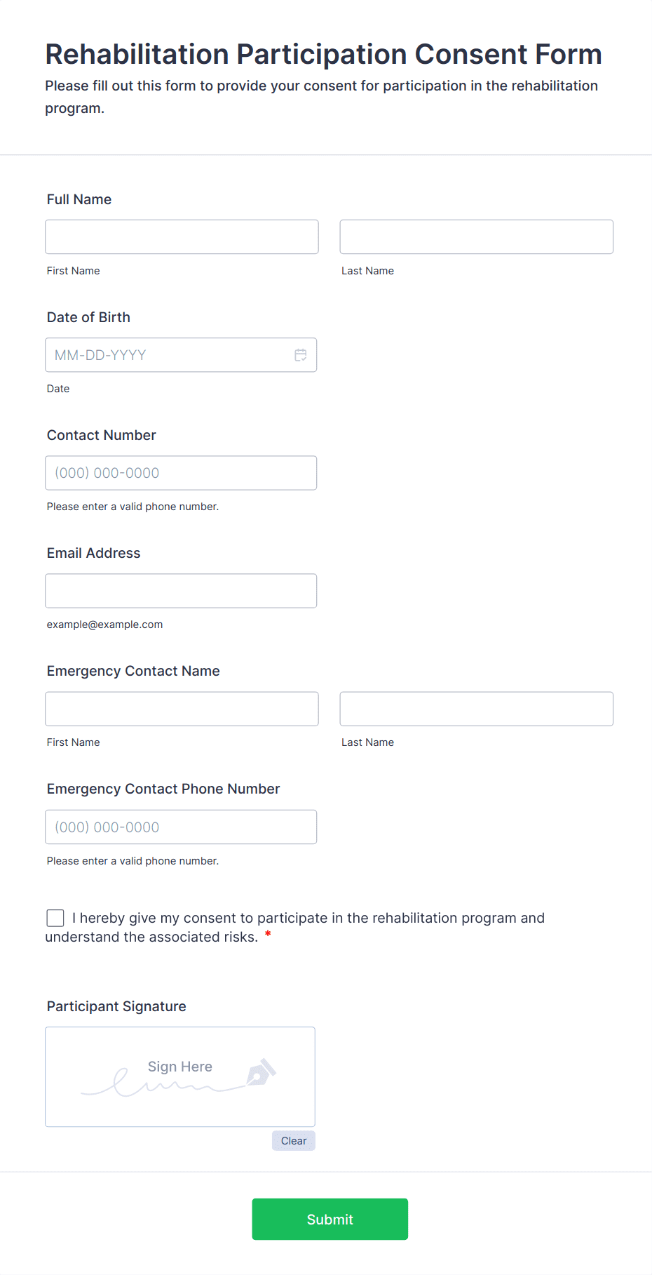 Rehabilitation Participation Consent Form Template | Jotform