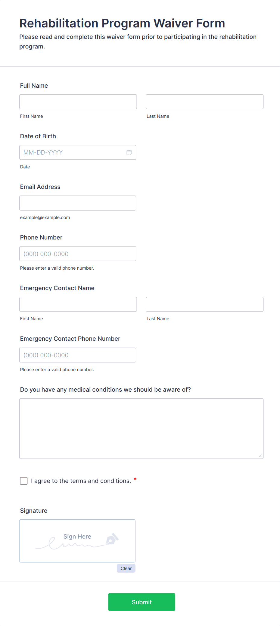 Rehabilitation Program Waiver Form Template | Jotform